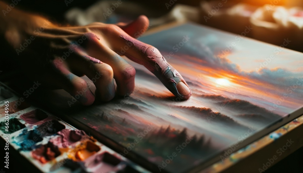 Close-up photo of an artist's fingers, smeared with pastel colors ...