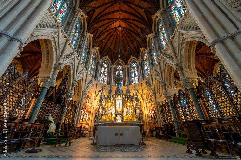 Interior view showing stained glass windows and arches architecture of ...