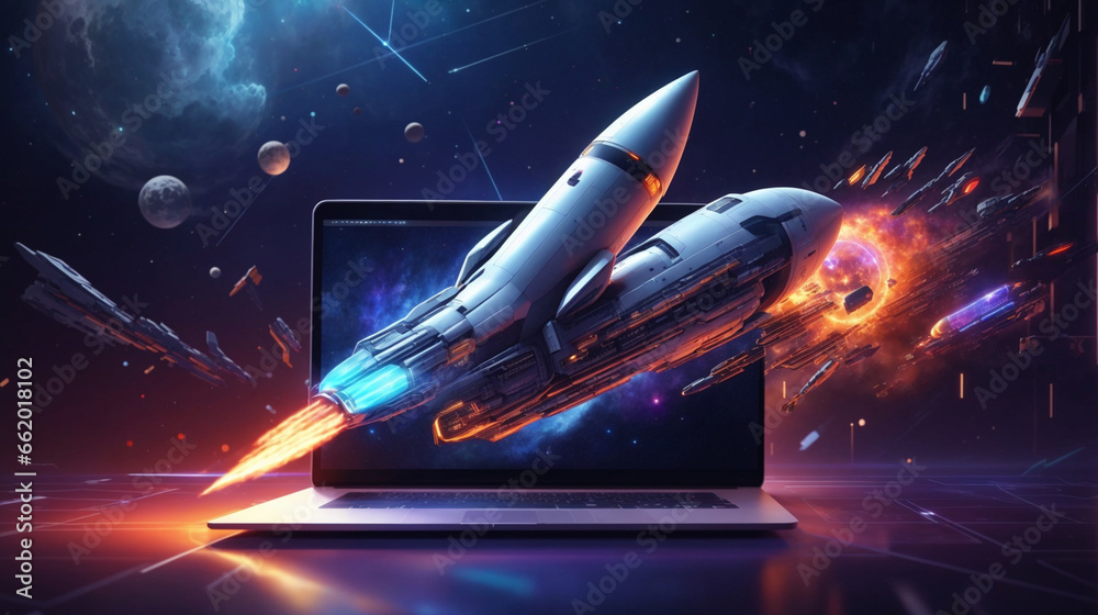 Spaceship and space, futuristic scene where a space rocket embarks on ...