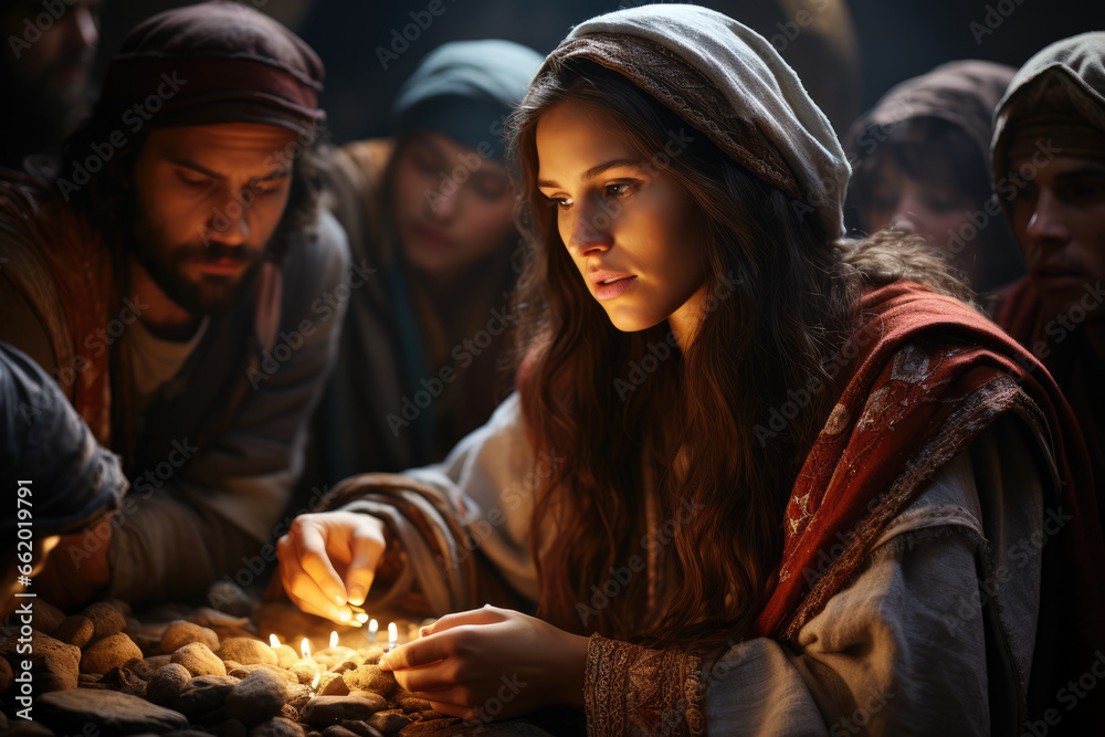 A family gathering around a nativity scene, portraying the birth of ...