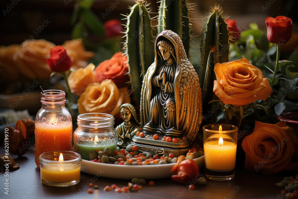 A Las Posadas altar featuring images of the Virgen de Guadalupe, a ...