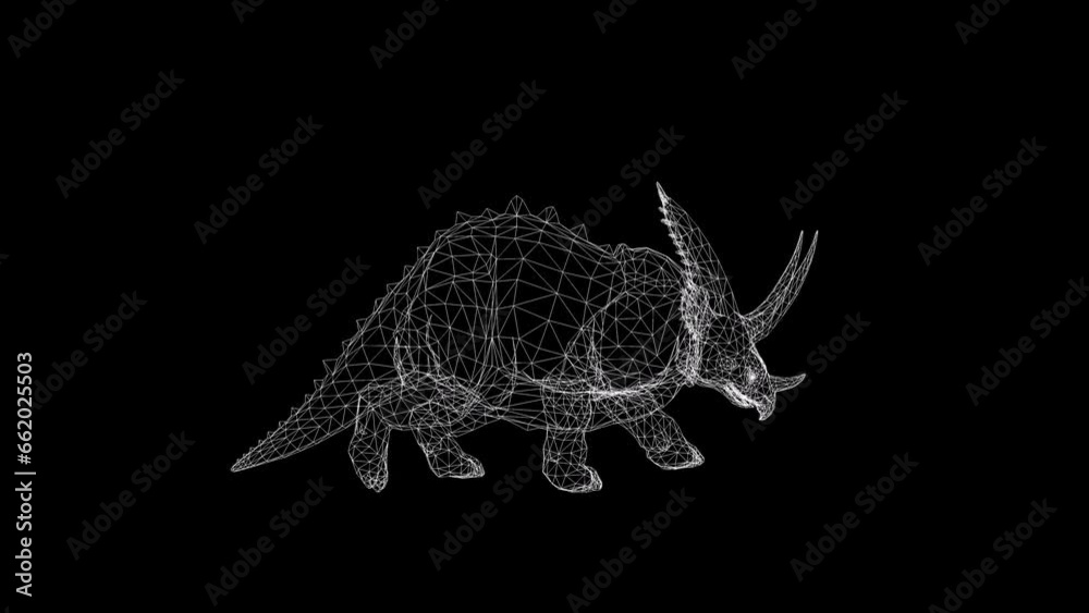 4k neon walking loop Triceratops Dinosaur animation, 3D white wireframe ...