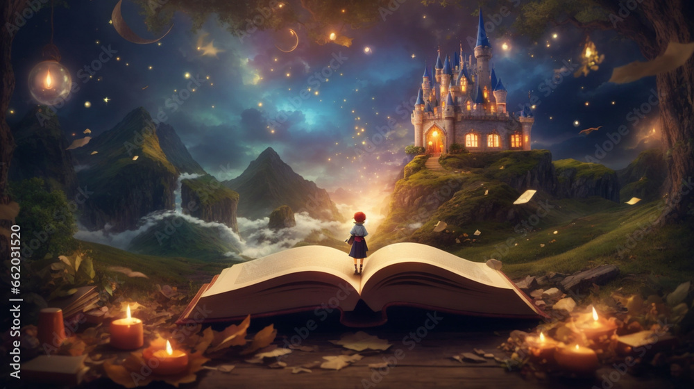 Storybook adventure, with a magical realm emerging from the pages ...