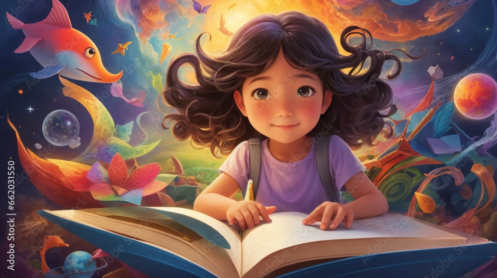 Child reading a book, education, imagination, and creativity, with a ...