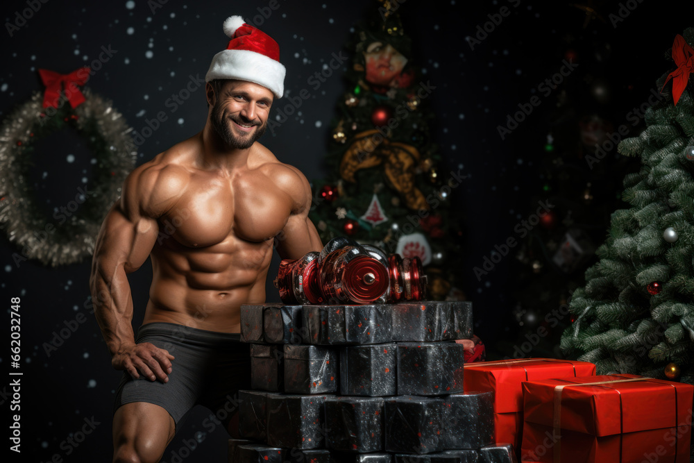 Santa Claus bodybuilder in a playful and whimsical manner, promoting a ...