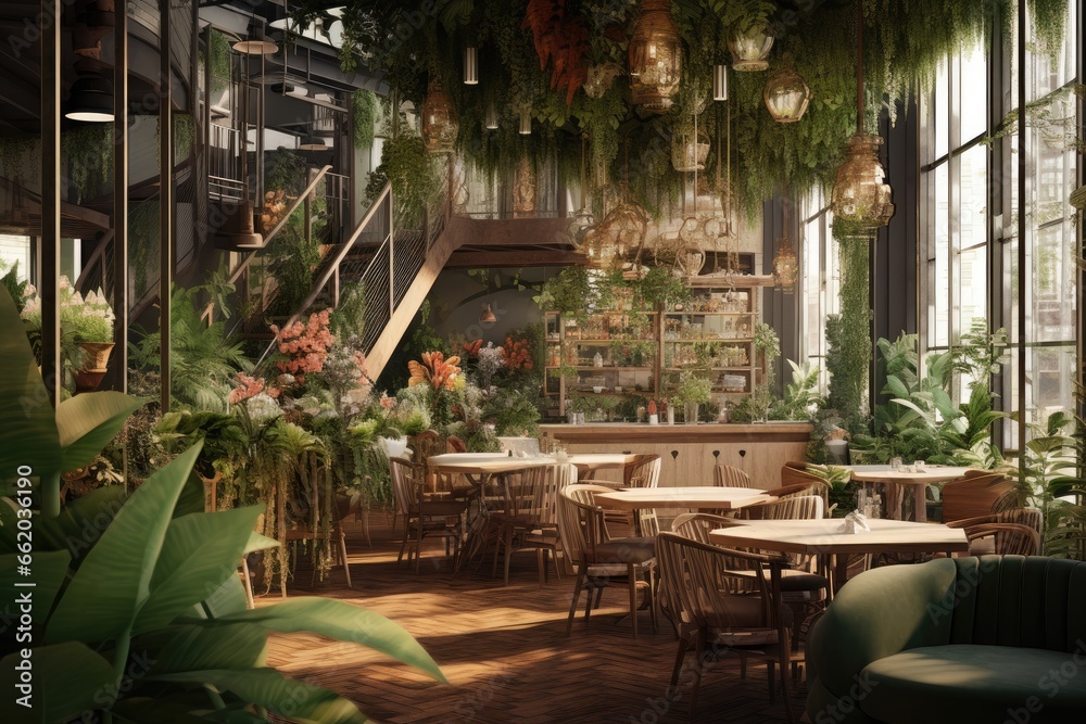 Stunning Empty Plant Café with Tropical Trees and Ferns, Modern ...