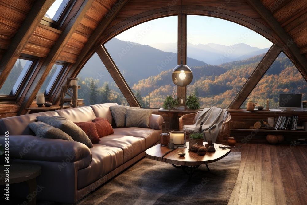 Curved Window with Panoramic Views of Mountain Valley in Fall, Hardwood ...