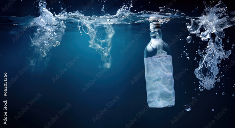 drowning sinking bottle of clear pure water liquid, dropped underwater ...