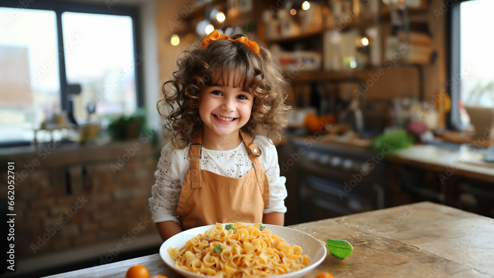 Süßes kleines Kind als Koch hilt in der Küche beim kochen und lacht im ...
