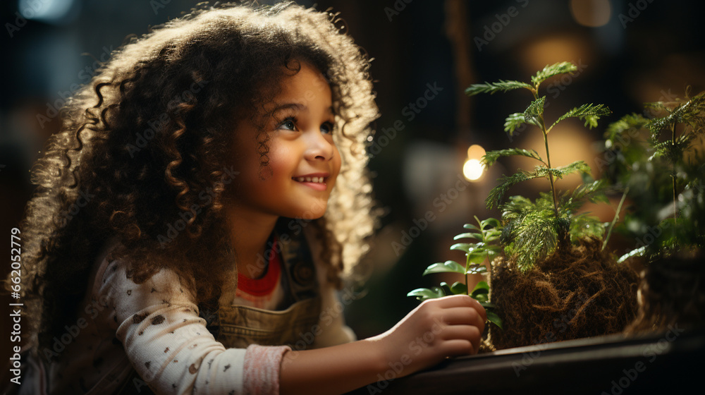 Young smiling little girl with curly hair enjoying her childhood in ...