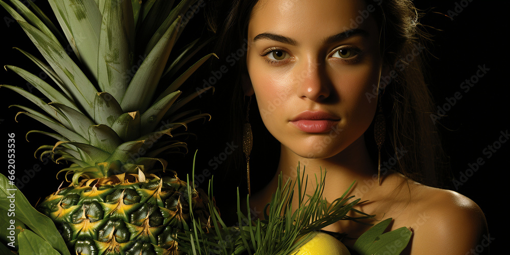 Super schönes Model Gesicht mit Ananas schaut sinnlich in die Kamera ...