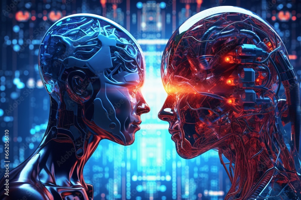 3D rendering of two cyborgs looking at each other on digital background ...