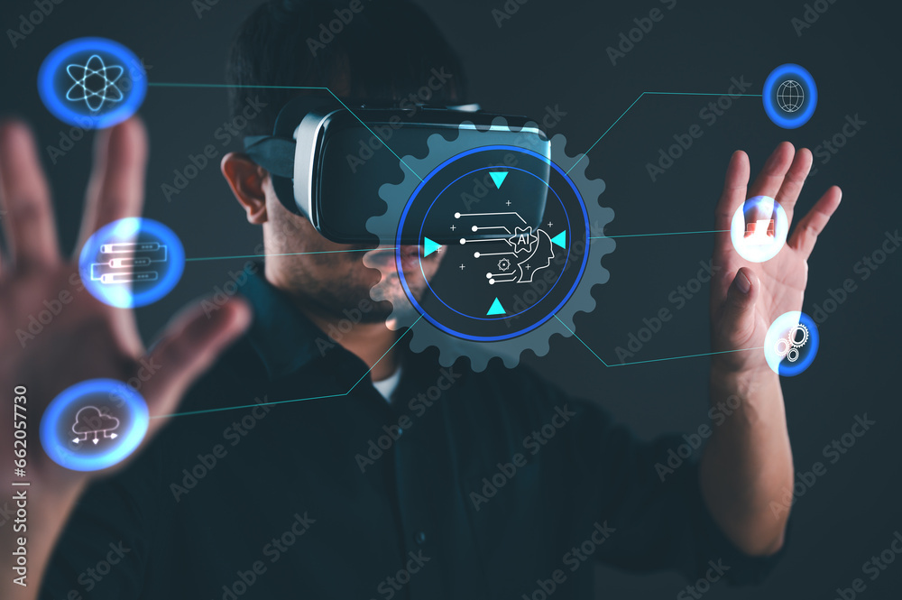Chatbot technology chat with Ai, Man wearing VR glasses virtual Global ...