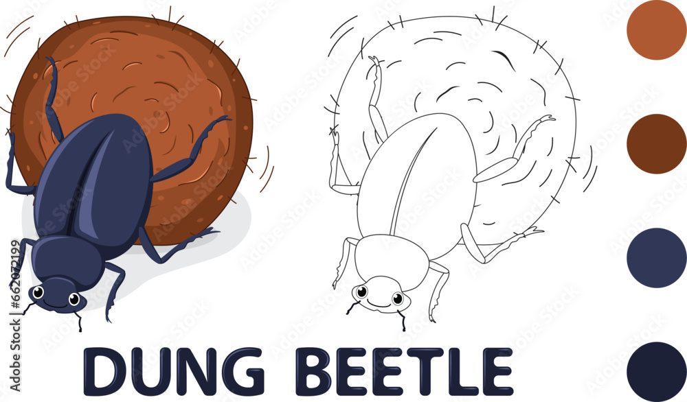 Cute Dung beetle cartoon Coloring Book, hand drawn simple lines Stock ...