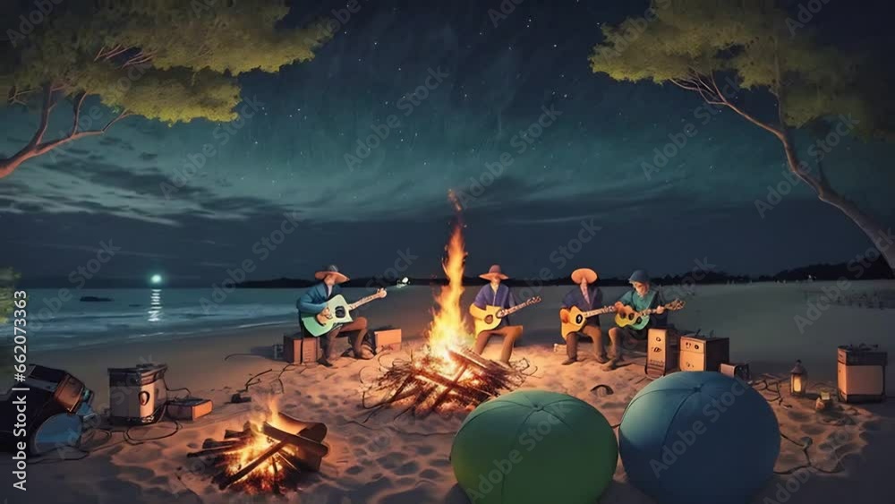 Friends around a bonfire on the beach in a dark blue toned illustration ...