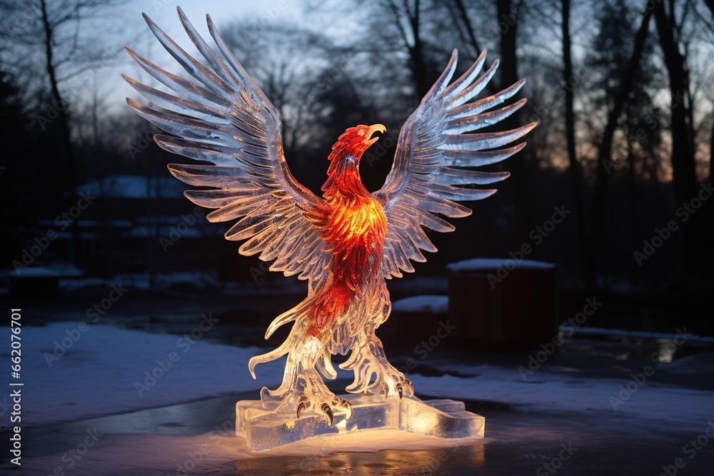 Time-lapse of a melting ice sculpture shaped like a phoenix Stock Photo ...