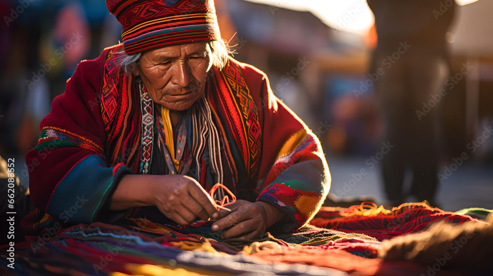 Bolivian indigenous man preparing his crafts and fabrics to sell at the ...