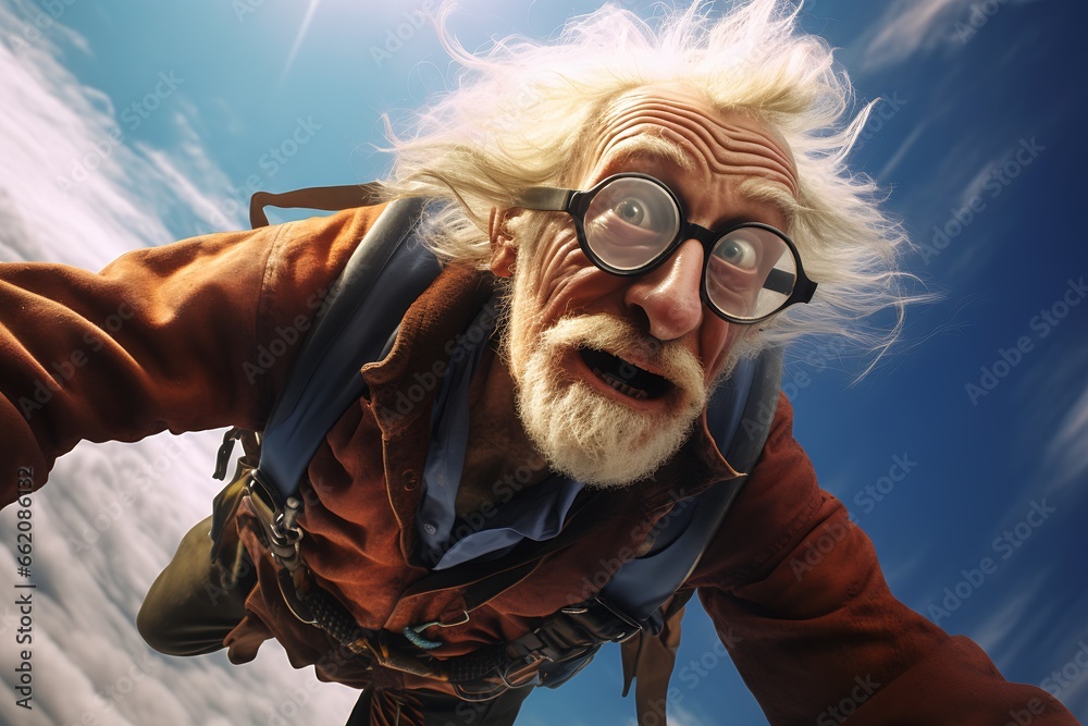 man glasses beard flying sky promotional adventure gear old wrinkled ...