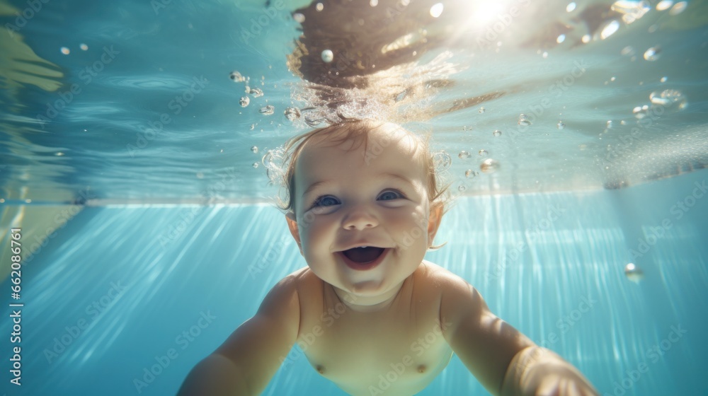 Cute smiling baby having fun swimming and diving in the pool at the ...