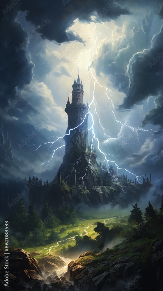 castle mountain lightning coming out spell tower cold lighting emitting ...
