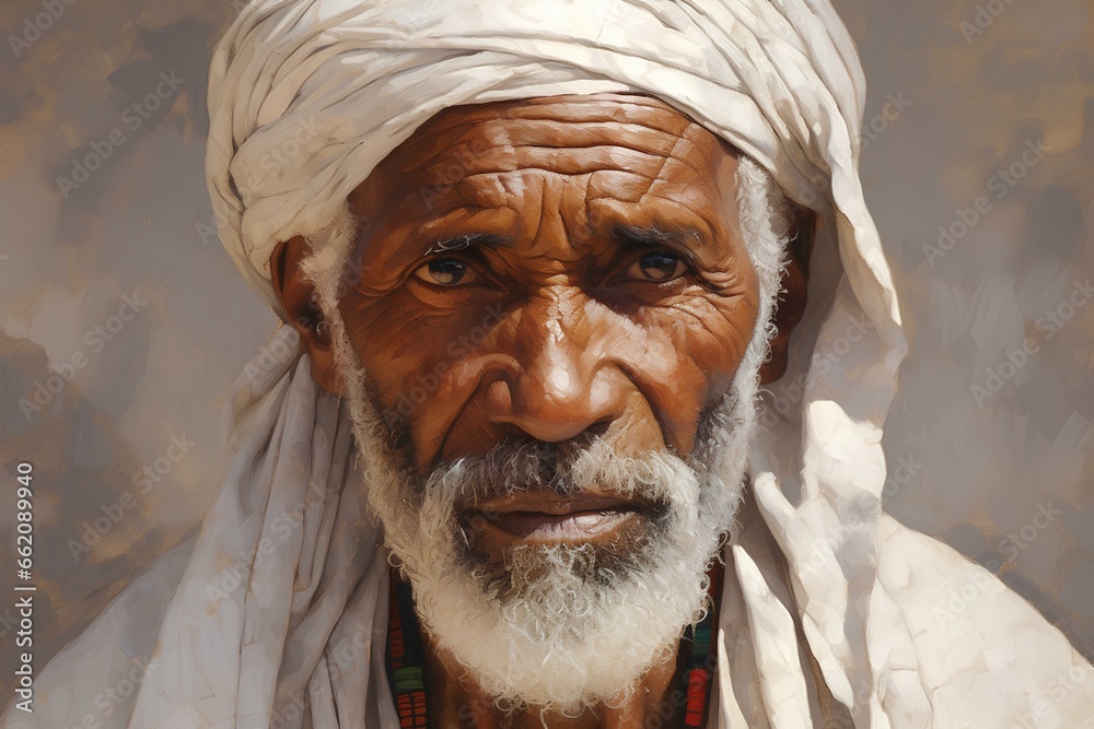 painting of a an elderly African Ethiopian man, face with wisdom and ...
