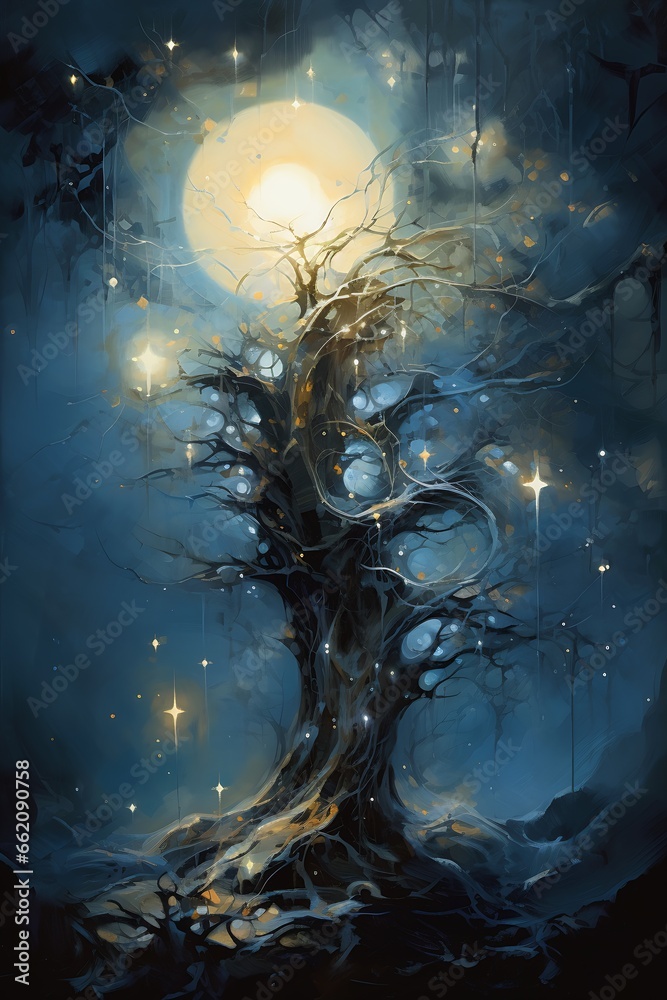 tree full moon background floating among stars bifrost casting root ...