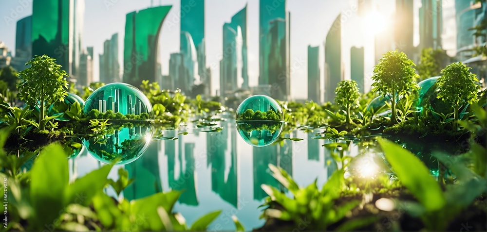 Ecological future city concept with carbon neutral footprint against ...