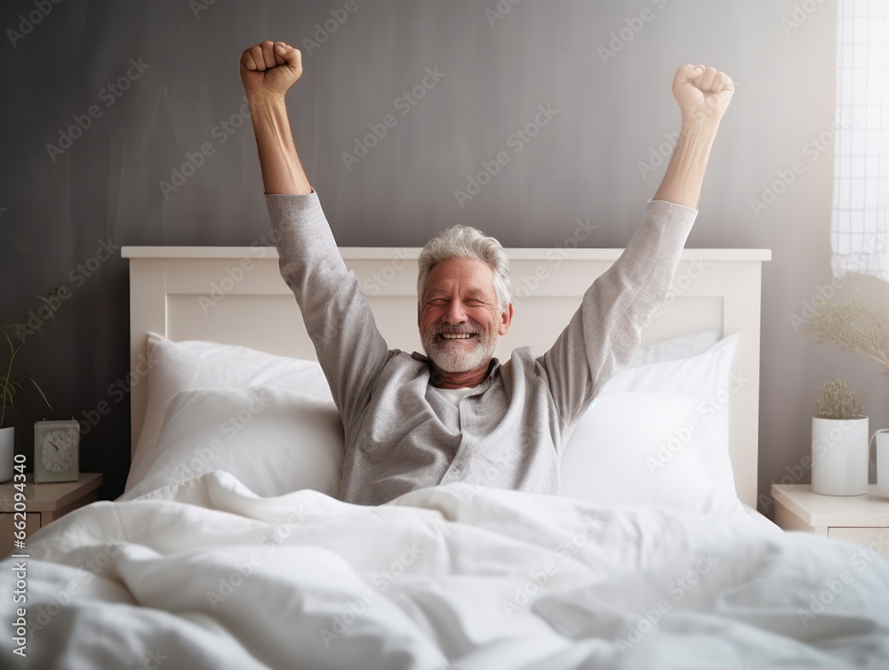 Happy old man in nightwear in bed feel good, stretching her arms ...