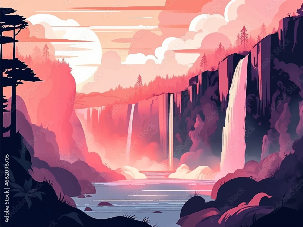 Beautiful abstract waterfall cartoon, anime background. Waterfall in ...