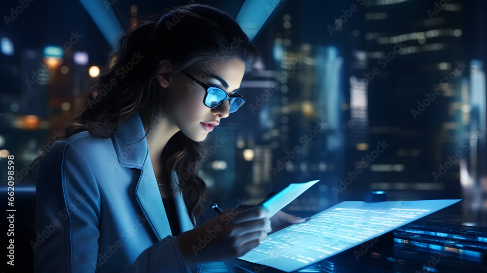 Software, coding hologram and woman on tablet thinking of data analytics, digital technology and ...