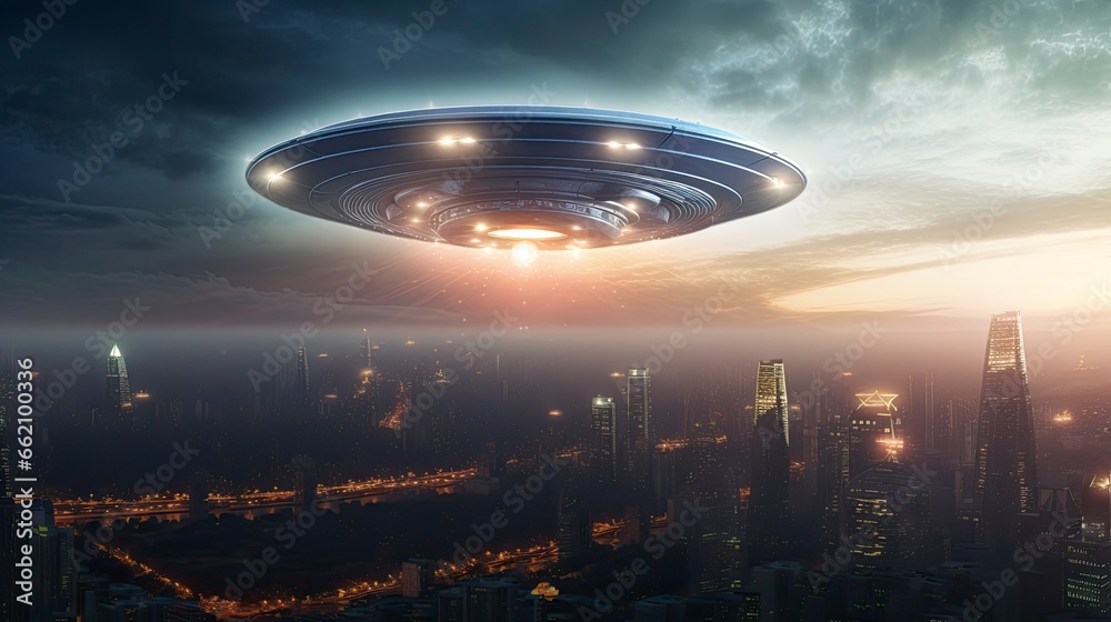 ufo flying close up, copy space, city background in morning day time ...