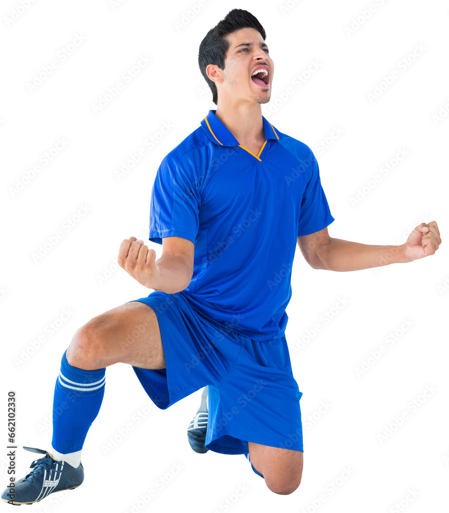 Digital png photo of happy biracial sportsman kneeling and screaming on ...
