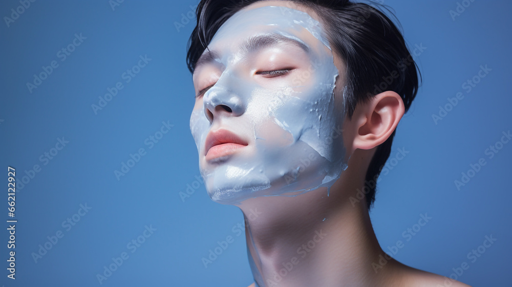 Man relaxing while applying a blue mask pack, in light blue background ...