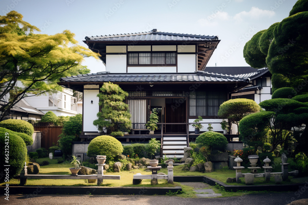 Japanese house in the garden, front view of a traditional house Stock ...