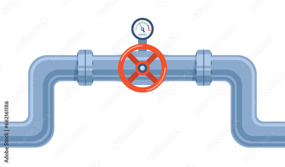 Pipe of water with valve and meter of pressure. Construction of steel ...