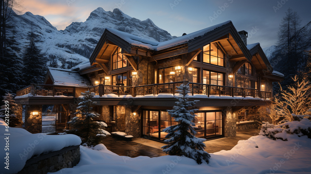 Ski Chalet Elegance: A beautiful chalet nestled in the snow, with ...
