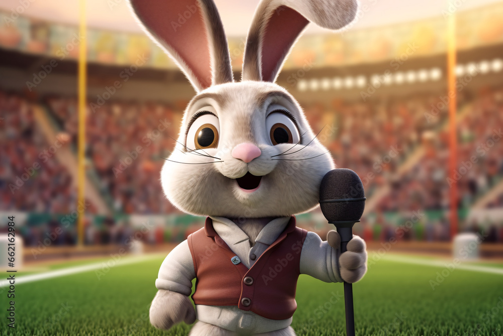 Rabbit with microphone on the background of a large football stadium ...