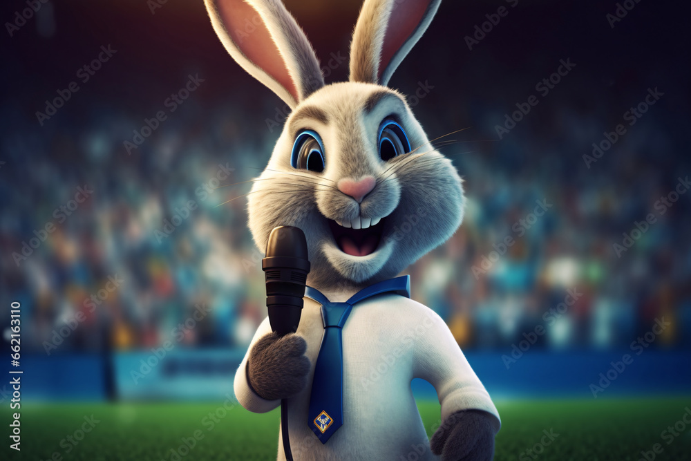 Rabbit with microphone on the background of a large football stadium ...