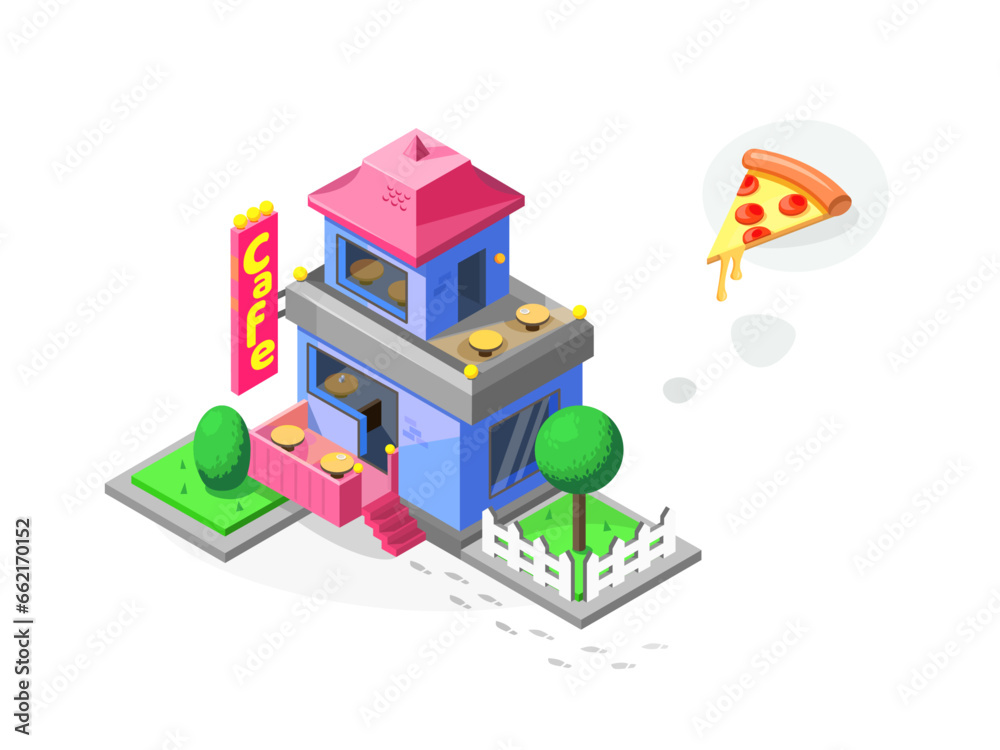 Cafe from a tables on a sunny day. The tracks lead to the restaurant ...