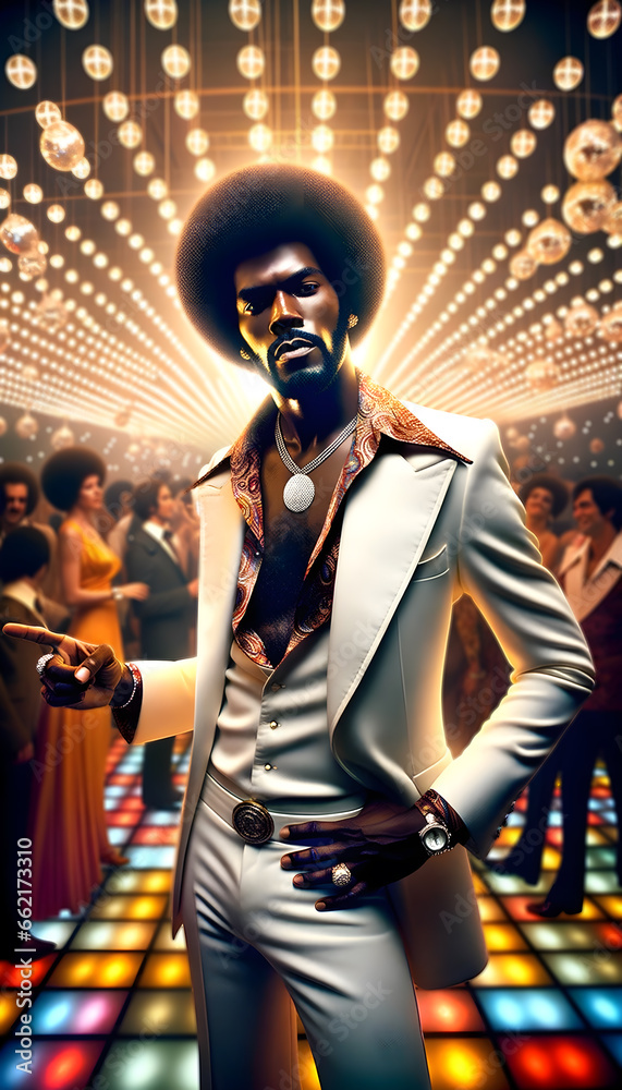 A cool black man from the 70s posing on the disco dance floor with crowd of dancers in ...
