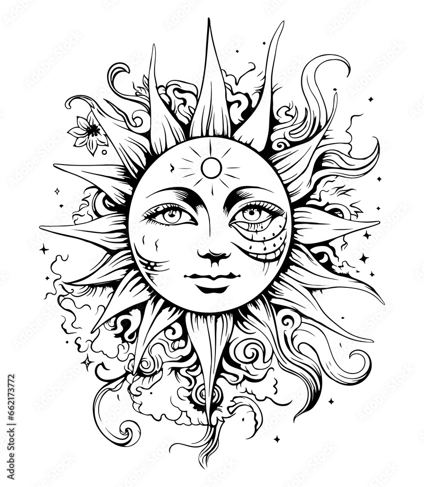 Sun black and white outline, tattoo. Sun head, fantasy, lines. Big sun ...