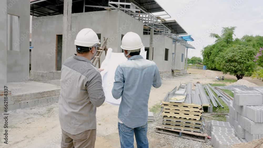 Engineer supervising work house builder is standing looking at ...