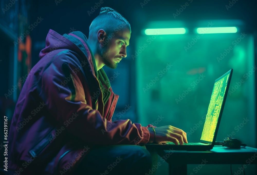 Male cyberpunk working on laptop. Technology programmer using internet ...