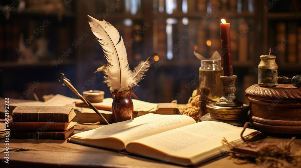 The philosopher's desk with quill and parchment, philosophy, blurred ...