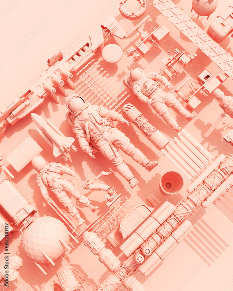 Rose pink space industry astronaut flat lay collage diagonal background ...
