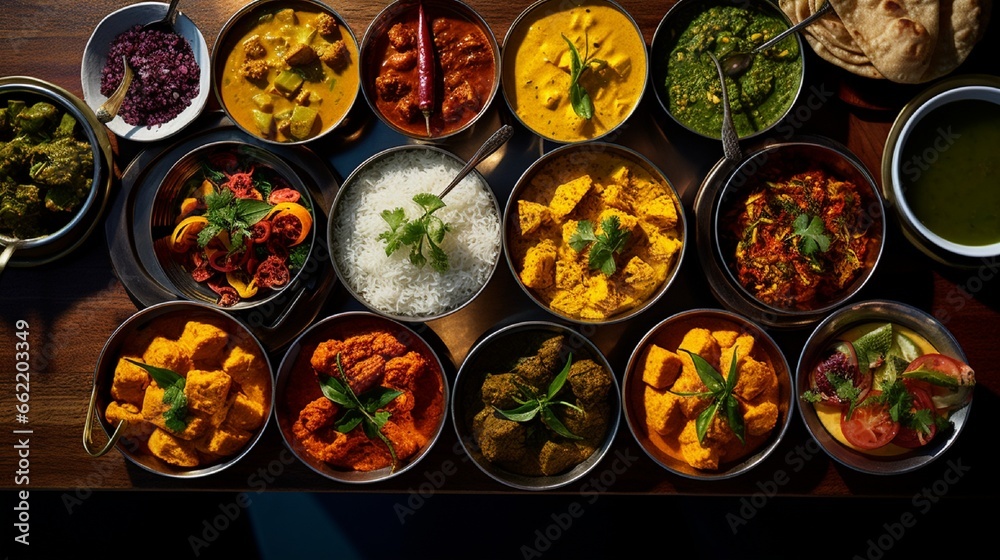 A top-down view capturing a colorful spread of various Indian curry ...