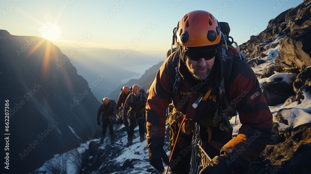 Mountain Rescue: A team of mountain rescuers descending a sheer cliff ...