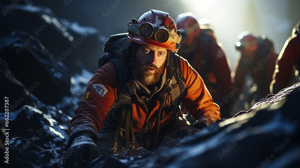Mountain Rescue: A team of mountain rescuers descending a sheer cliff ...