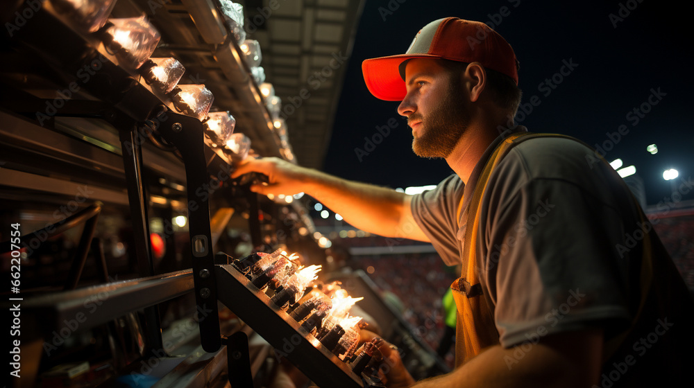 Stadium Lights: A technician scaling a lighting tower at a sports ...