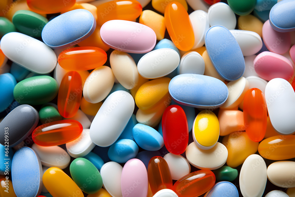 Background with many different medications of different colors and ...